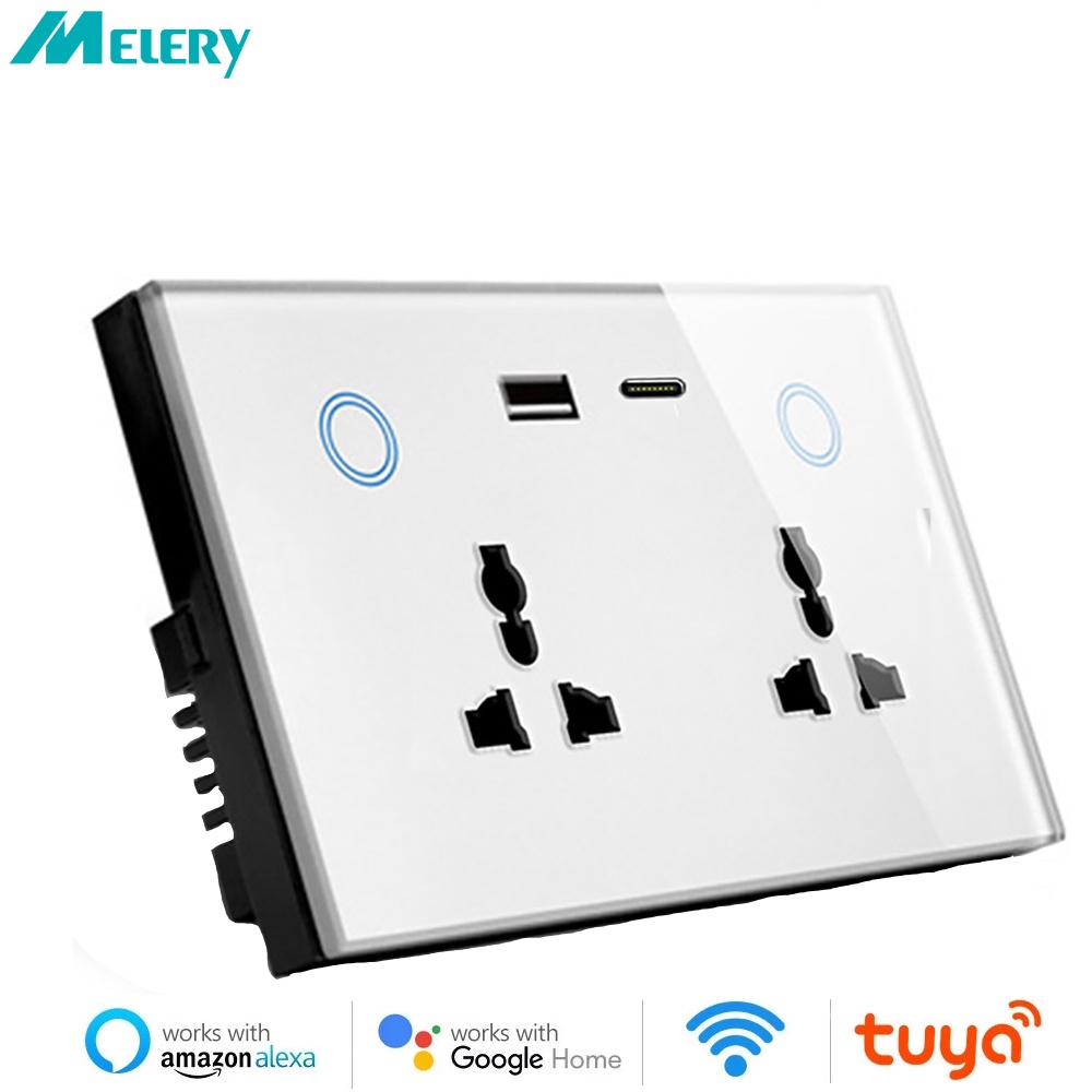 Tuya WIFI Smart Wall Power Socket 147mm Universal Outlet 2 Gang Light ...