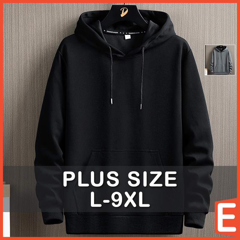 [L-9XL] Plus Size Hoodie Men Korean Plain Long Sleeve Drawstring Black Grey Cotton Hoodies with ...