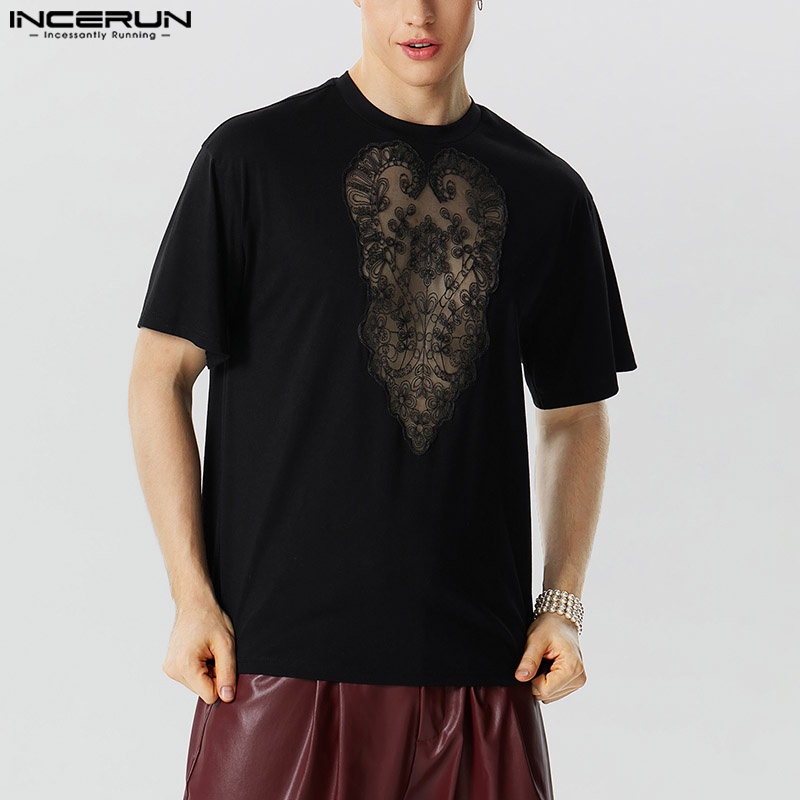 XMAN Vintage Lace Panel Decorative Perspective Short Sleeve Round Neck ...