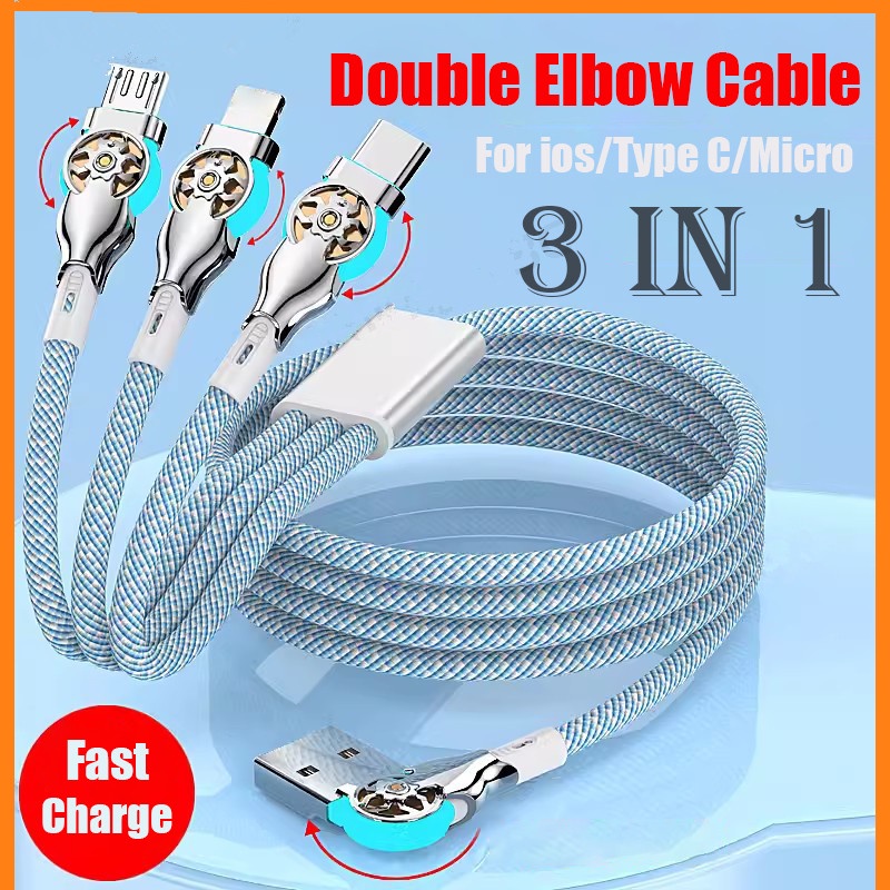 3 in 1 Dual Elbow Rotating Super Fast Charging Cable Nylon Braided Data ...
