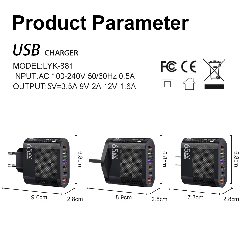 65W USB Charger 6 Ports 3 USB + 3 Type C Fast Charging Phone Power ...