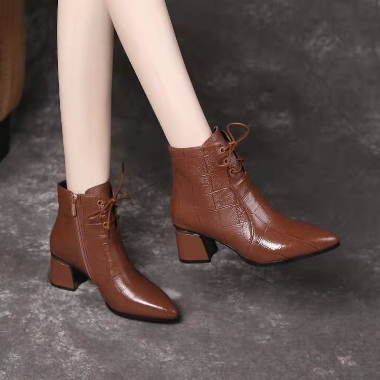 Women's Boots Pointed Toe Thick Heel Side Zipper Laced-Up Chelsea Boots ...
