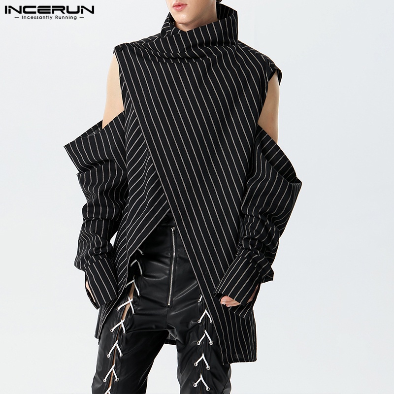 INCERUN Men Vintage Scoop Irregular Crossover Design Striped Long ...
