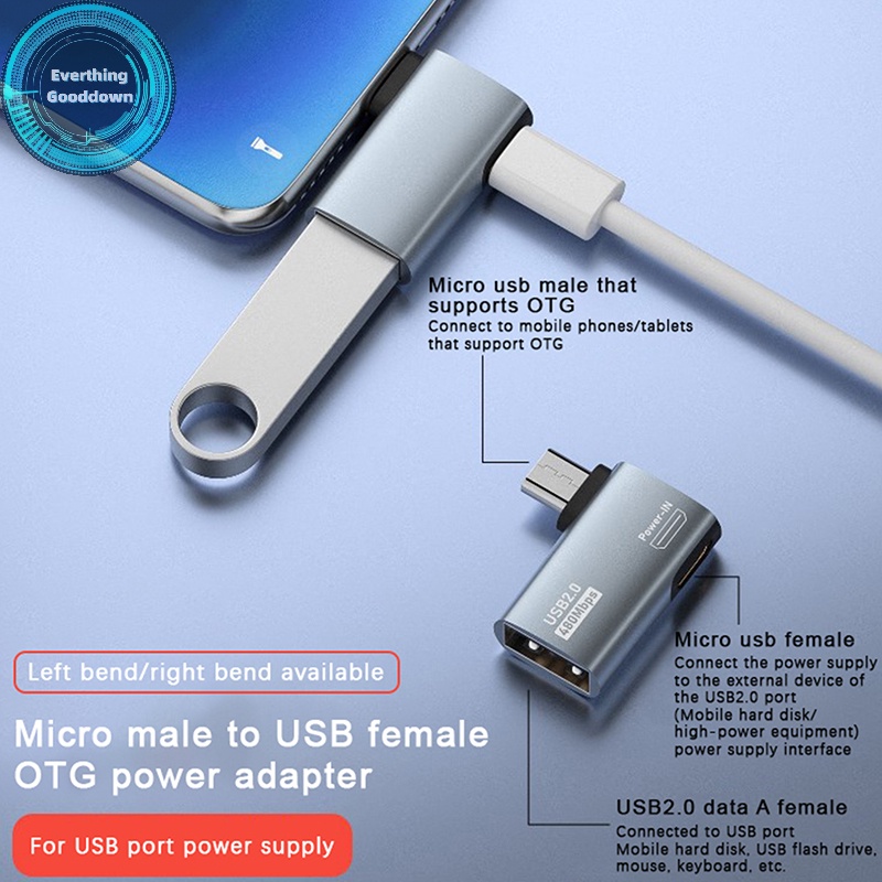 EVERTHING OTG Cable Adapter 4K 90 Degree Left Angle Powered Micro USB ...