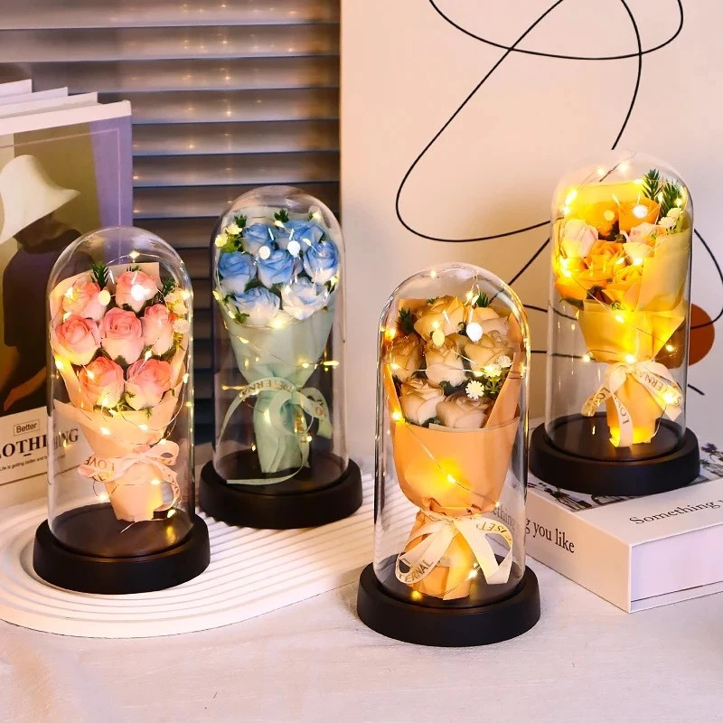 immortal rose bouquet with glass cover Valentine's Day gift with lights ...