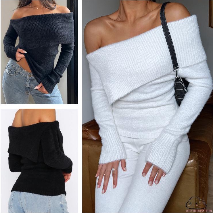 SUPER-Sweaters Women´s Off Shoulder Fuzzy Long Sleeve Solid Color Knit ...