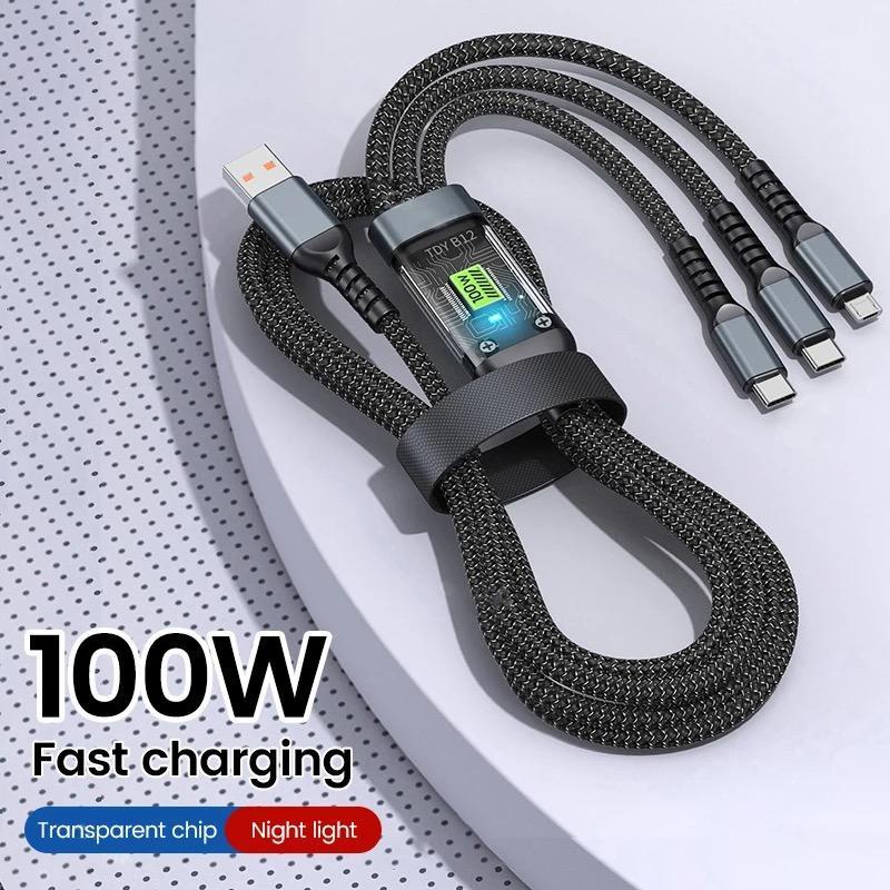 New transparent luminous 3in1 USB data cable, 100W Type C cable 3in1 ...