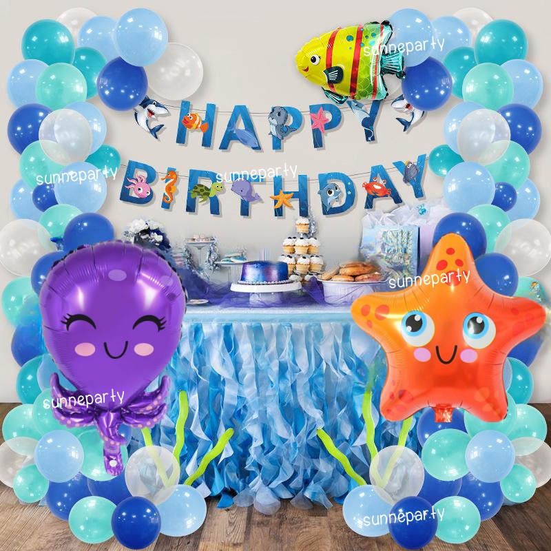 Ocean Animal Theme Sert 32inch 1-9th Blue Number Balloon Garland Baby ...