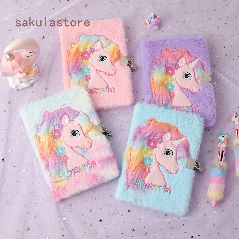 A5 Cartoon Unicorn Plush Notebook With Lock Diary Book | Shopee Philippines