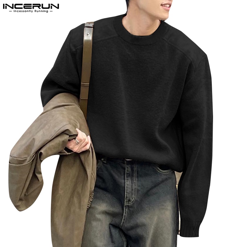 INCERUN Men's Fashion Round Neck Shoulder Panel Long sleeved Sweater ...