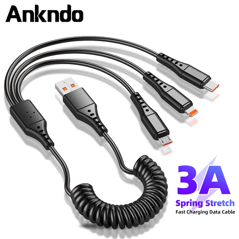 Ankndo 3-in-1 Retractable Data Cable USB Spring Retractable Cable For ...