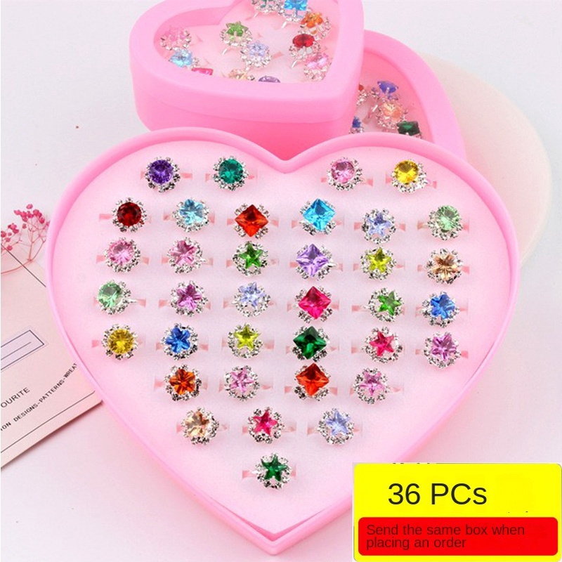 Children Diamond Ring Princess Ring 36 Pieces Box Artificial Gem Ring ...