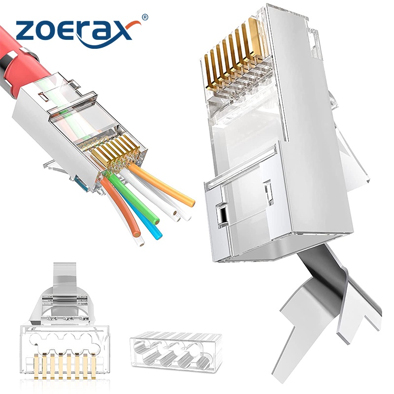 ZoeRax Shielded RJ45 Cat7 Cat6A Pass Through connectors - 3 Prong 8P8C ...