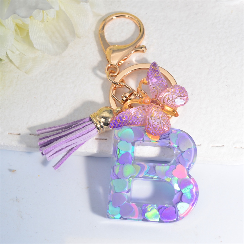Purple Sequin Filled Name Keychain Butterfly Tassel 26 Alphabet ...