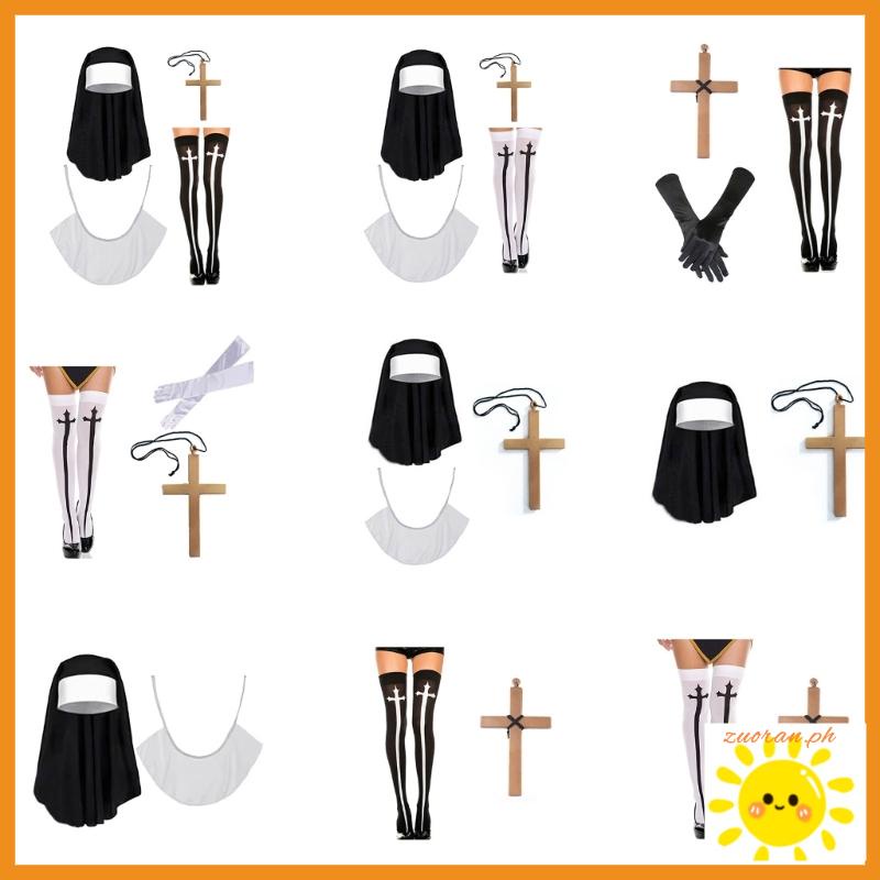 ZUOO Nun Costume Set Cross Pendant Necklace Nun Hat Halloween Nun ...
