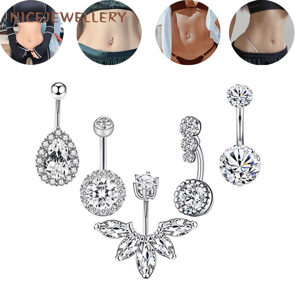 1 PC Round Crystal Belly Navel Piercings Silver Color Navel Rings Stainless Steel Belly Button ...