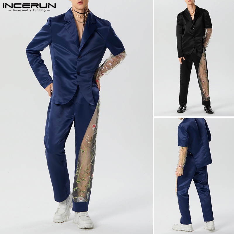 INCERUN Men Vintage Long Sleeve Blazer High Waist Pants Patchwork Lace ...