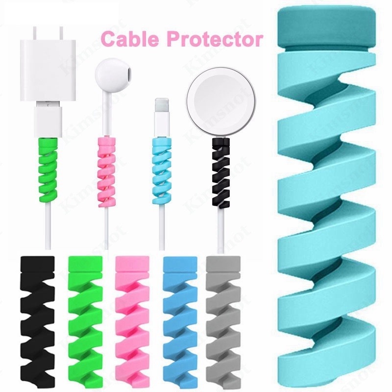 2pcs Spiral Cable Protector Data Line Silicone Bobbin Winder Protective ...