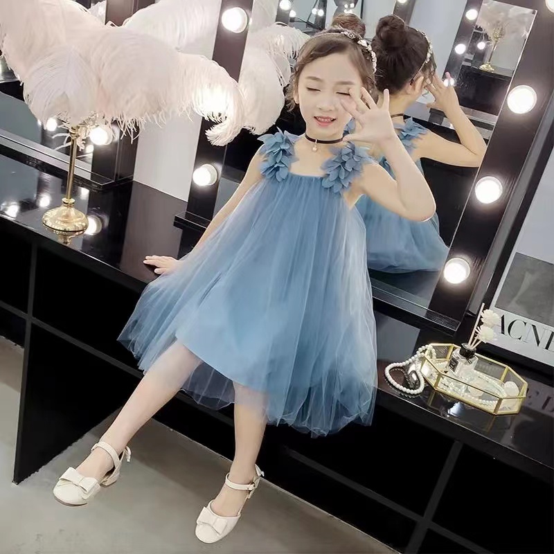 2-14Years Kids Girls Mesh Dress Dusty Blue Floral Princess Dresses ...