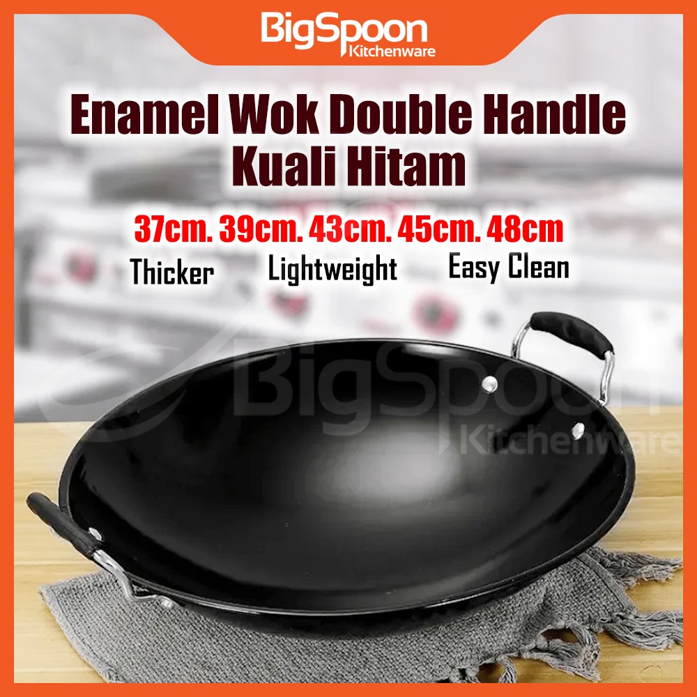 BIGSPOON Enamel Wok Double Handle Thick Kuali Hitam Wok Stir-Fry Wok ...