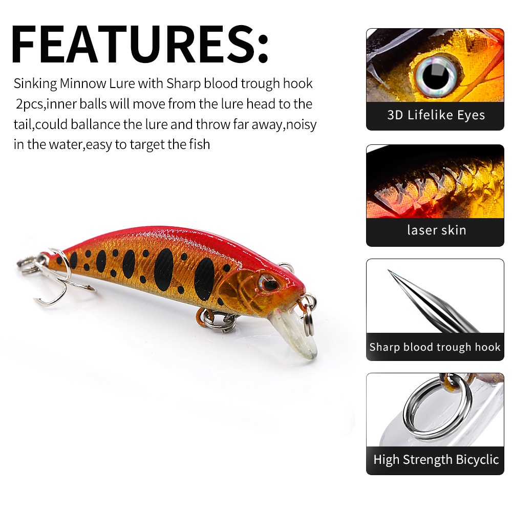 34 Colors 5g/5cm Fishing Lure Sinking Minnow 3D Eyes Laser Trolling Plastic Buzz Bait Lure With ...