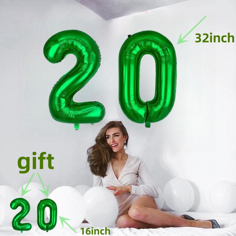 Set, 32 inch green number 20 aluminum foil balloon as a gift, 16 inch ...
