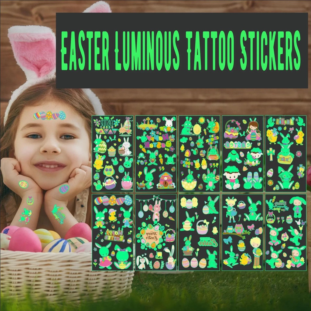 10Pack Easter Luminous Tattoo Stickers Cute Cartoon Rabbit Eggs ...