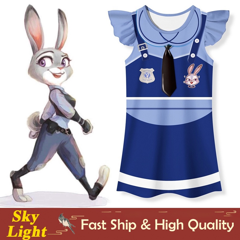 Zootopia Judy Hopps Short Sleeve Blue Dress For Kids Girl Halloween ...