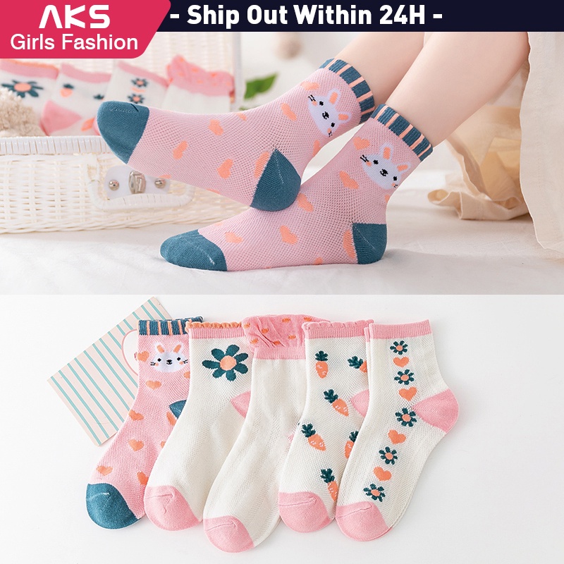 AKS Fashion 5 Pairs Set Kids Sock for Girls Mesh Socks Cotton Cartoon ...