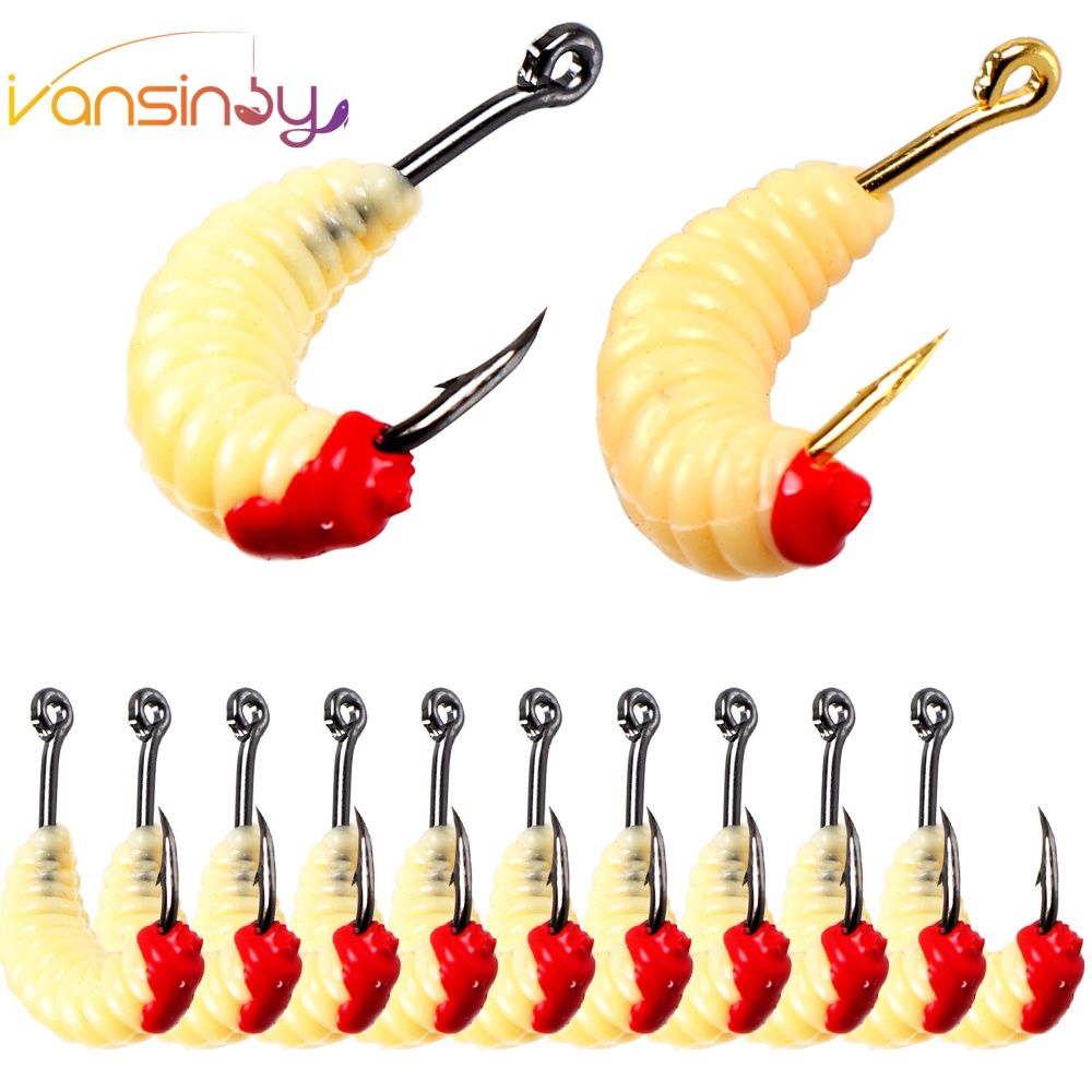 10pcs Fishing Maggot Soft Baits 2cm/0.4g With Hook Soft Plastic Worms ...