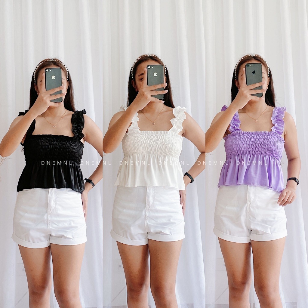 ♞dnemnlph Blossom Ruffled Smocked Crop Top Trendy Korean Inspired