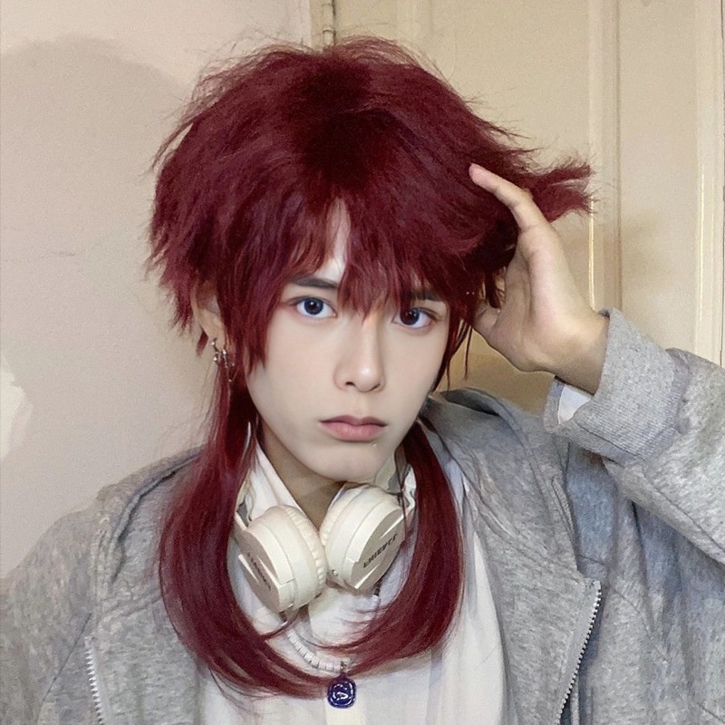 Wig boys red long hair personality trailing mullet head Japanese ...