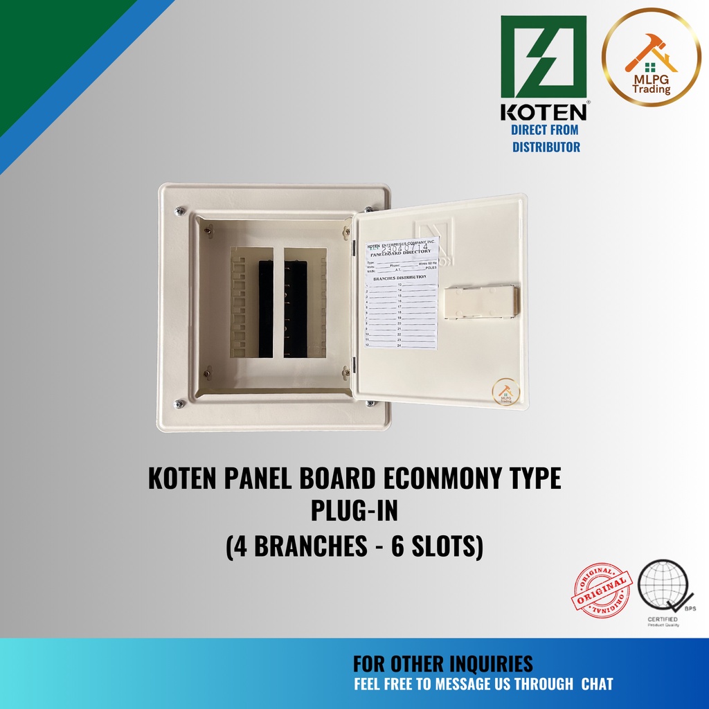 KOTEN Panel Board ECONOMY TYPE for PLUG-IN (2 Pole) (2, 4, 6, 8, 10, 12, 14, 16 Branches ...