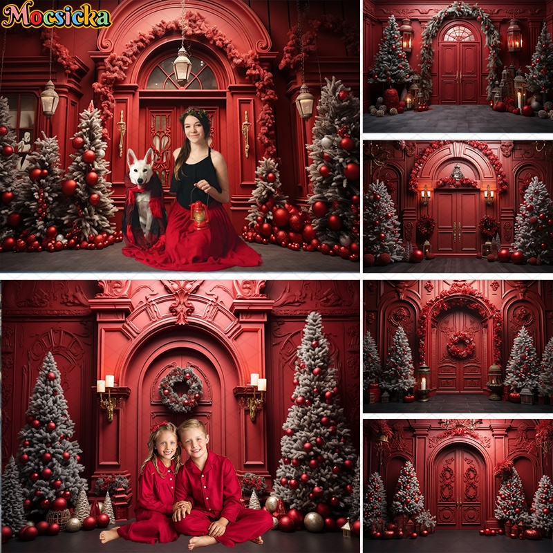 Red Room Christmas Backdrop Xmas Tree Wooden Door Wreath Decor Kids ...