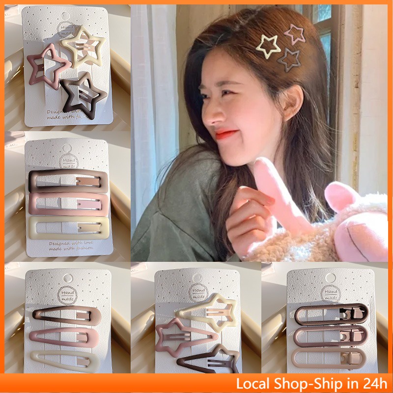 3-Pcs Cute Hollow Hairpin Coffee Color Bangs Clip Star Love Hairpin ...