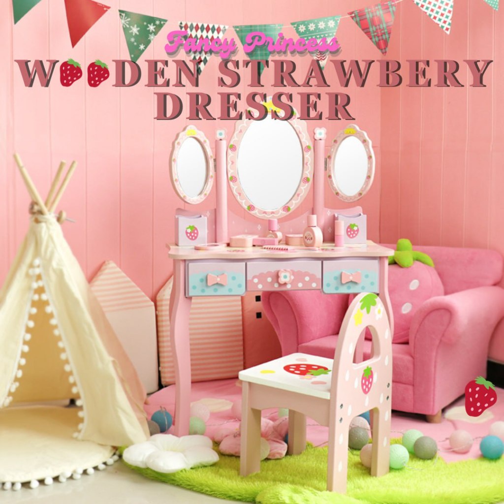 BYJ Wooden Strawberry Vanity Table Pink Dresser with Chair Pretend Play ...