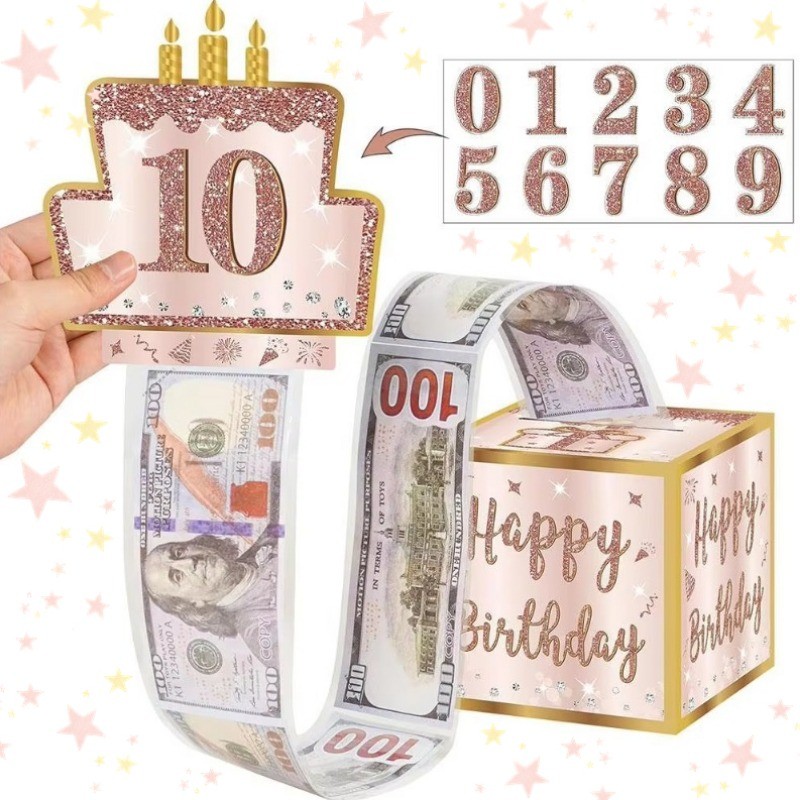 50pcs Surprise Birthday Money Pull-Out Gift Box DIY Pink Gold Happy ...