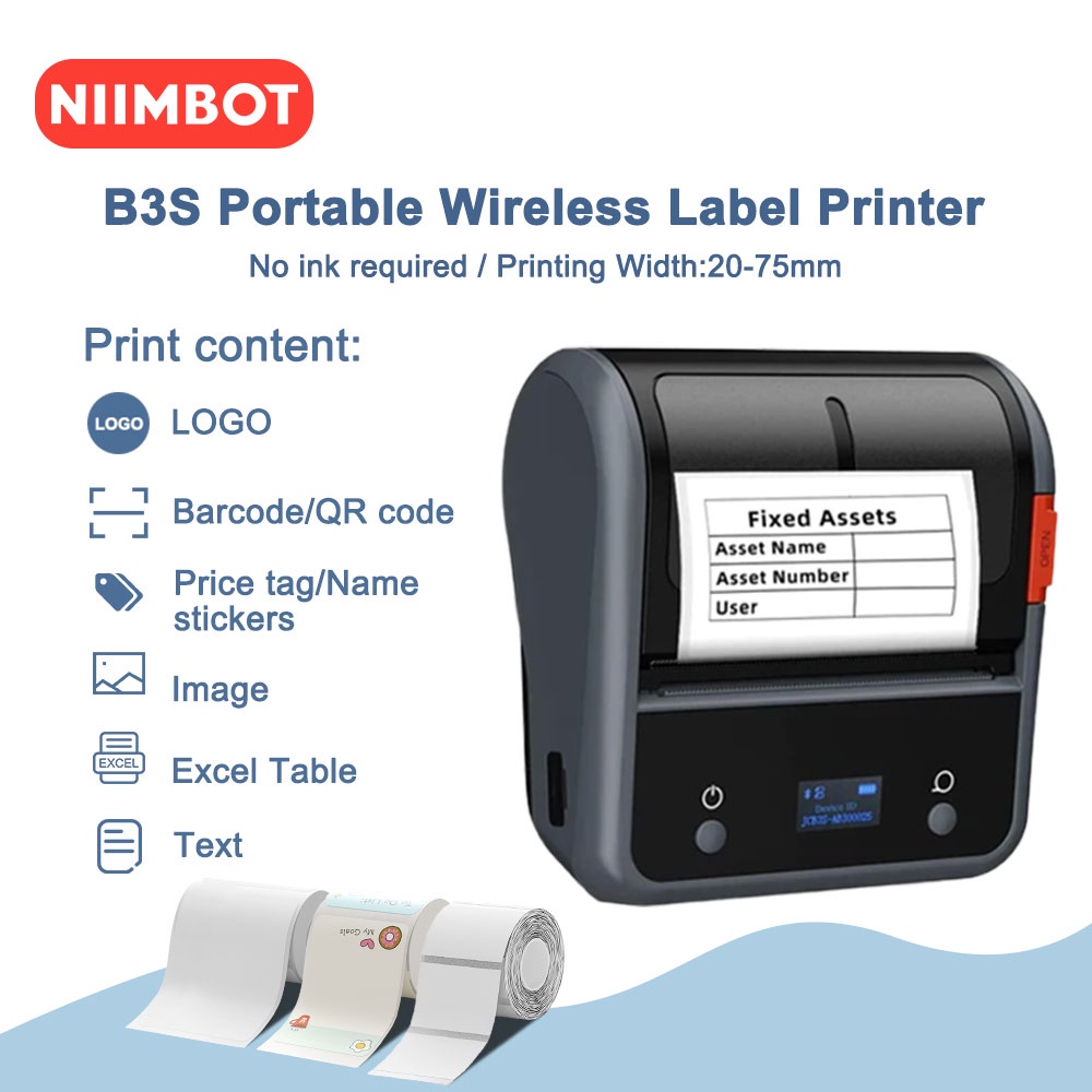 NIIMBOT B3S Portable Thermal Label Printer Inkless Bluetooth Printing Barcode QR Code Label ...