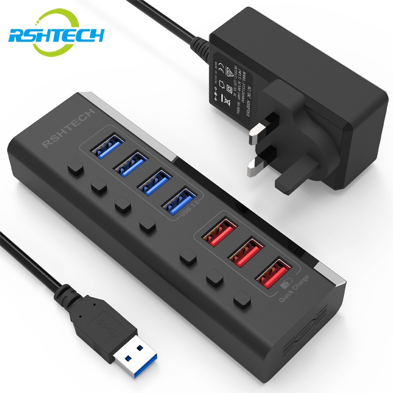RSHTECH A37 Powered USB Hub 7 Ports USB 3.0 Hub with 4 High Speed Data Transfer Ports + 3 Fast ...