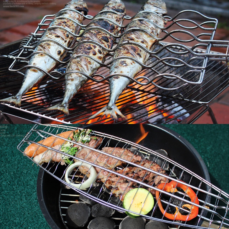 BBQ Fish Griller Mesh Stainless With Handle Basket Clip Food Holder ...