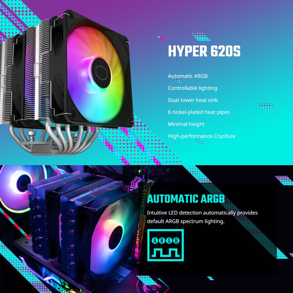 Cooler Master Hyper 620s Automatic ARGB Controllable Lighting CPU Air Cooler Fan (RR-D6NA-17PA ...