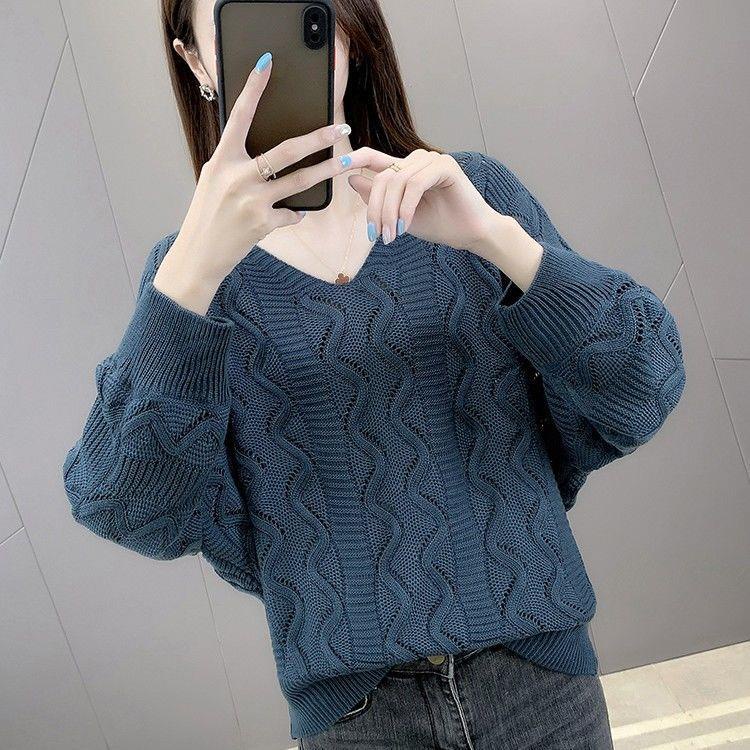 Hollow Knitted Tops Plus Size Women's Korean Style Loose V-neck Bat ...