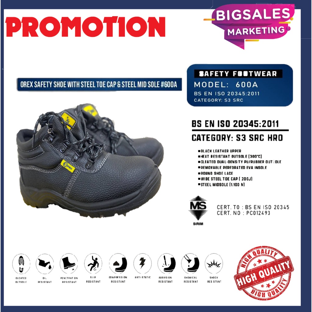 Orex 600A Safety Shoes With Sirim Steel Black Leather Mid Cut 600A ...
