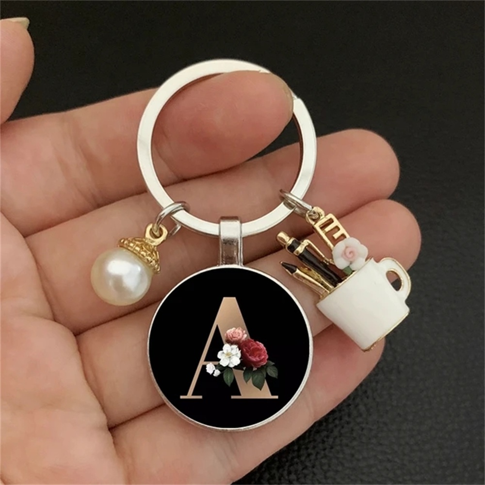 Fashion A-Z 26 Letter Pattern Cabochon Keychain Enamel Pen Holder ...