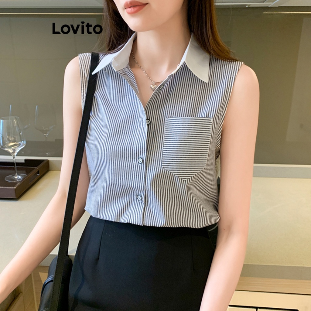 Lovito Women Casual Striped Contrast Collar Tank Top LNE40498 | Shopee ...