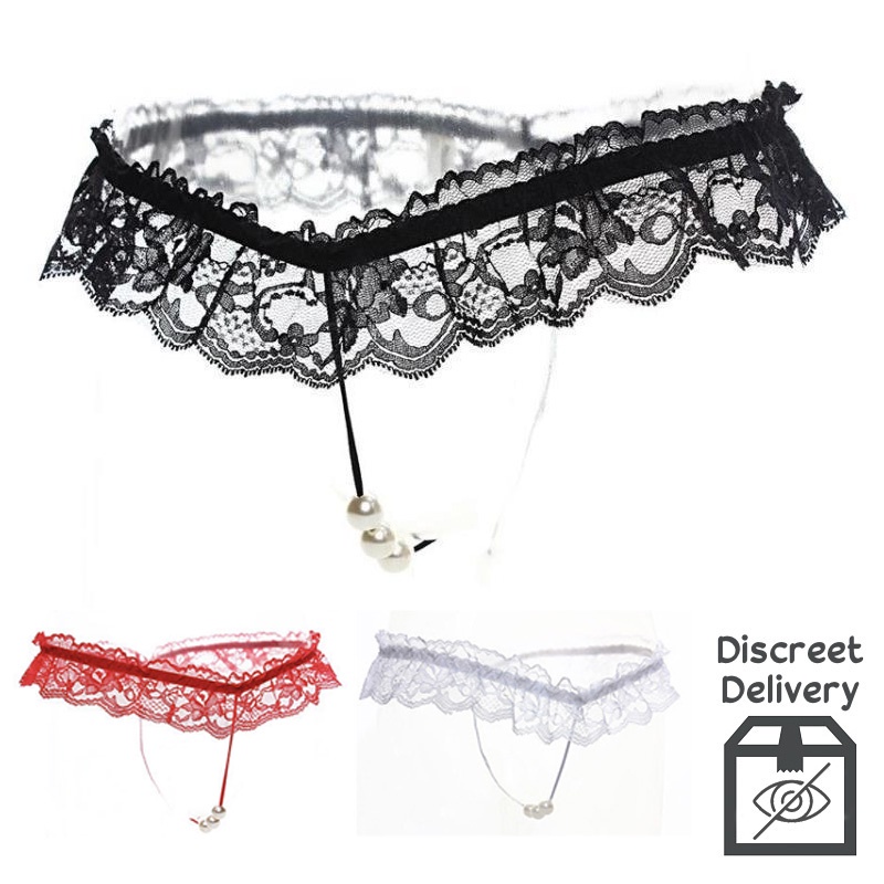 Women Sexy Lace Panties With Pearls Massaging Bead G String Open Crotch