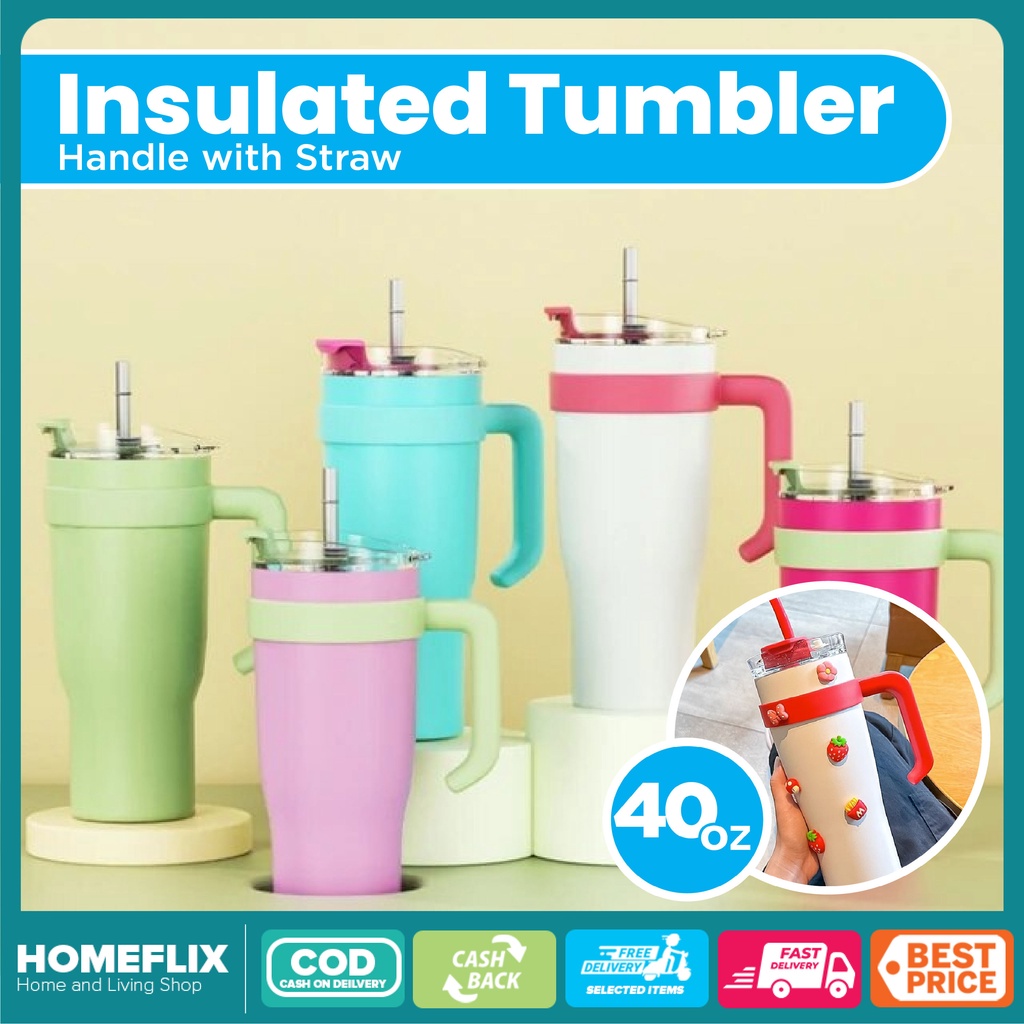 Homeflix 1200ml / 40oz Insulated Tumbler 1200ml with handle and straw ...
