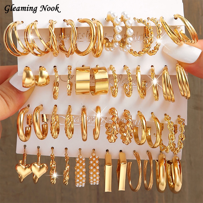 Gold Butterfly Pearl Earring Sets Leopard Twist Heart Hoop Earings for ...