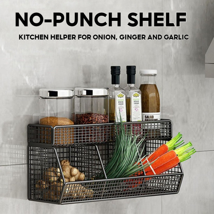 kitchen condiments organizer rackWall Mounted storage onion basket ...