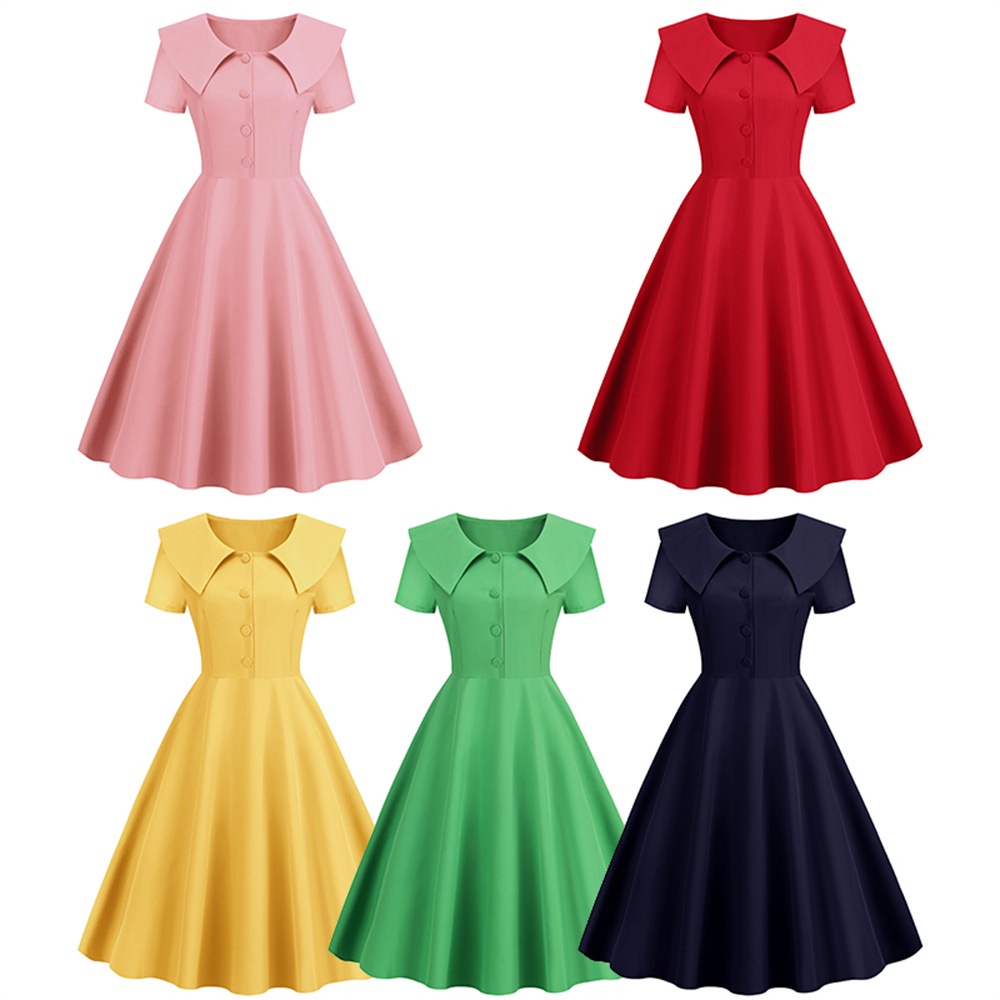 Elegant Solid Color Short Sleeved Red Dress Lapel Retro New Year Party Dress Vintage Mid Length